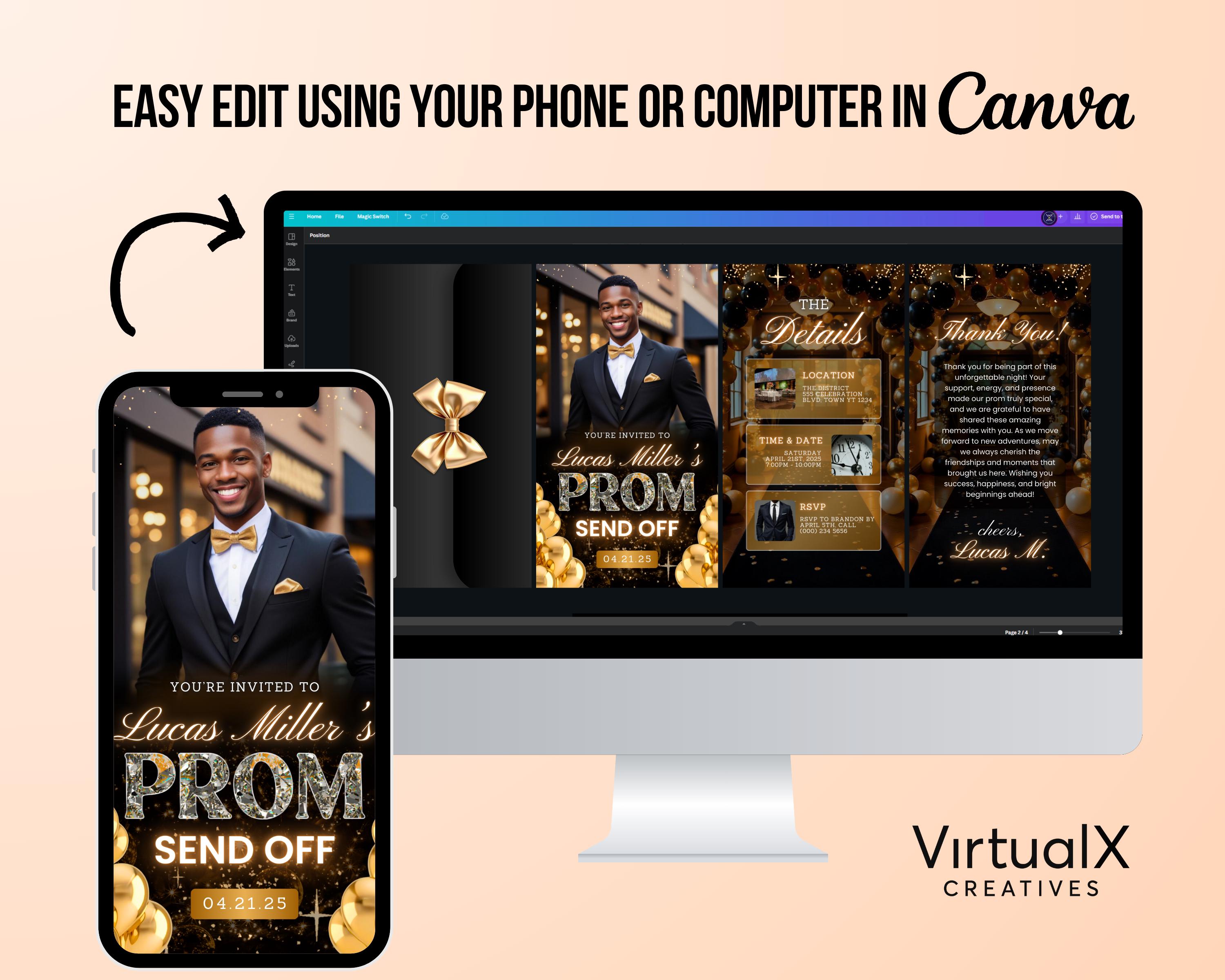 Gold Prom Send off Invite, Prom Party Animated Invitation, Men Prom ...