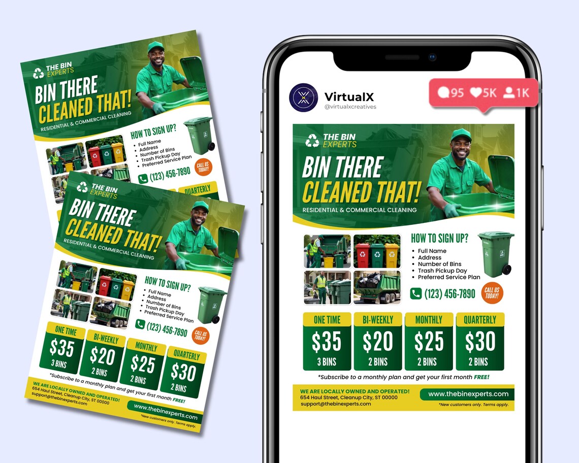 Trash Bin Cleaning Service Flyer, Garbage Cleaning, Junk Hauling ...