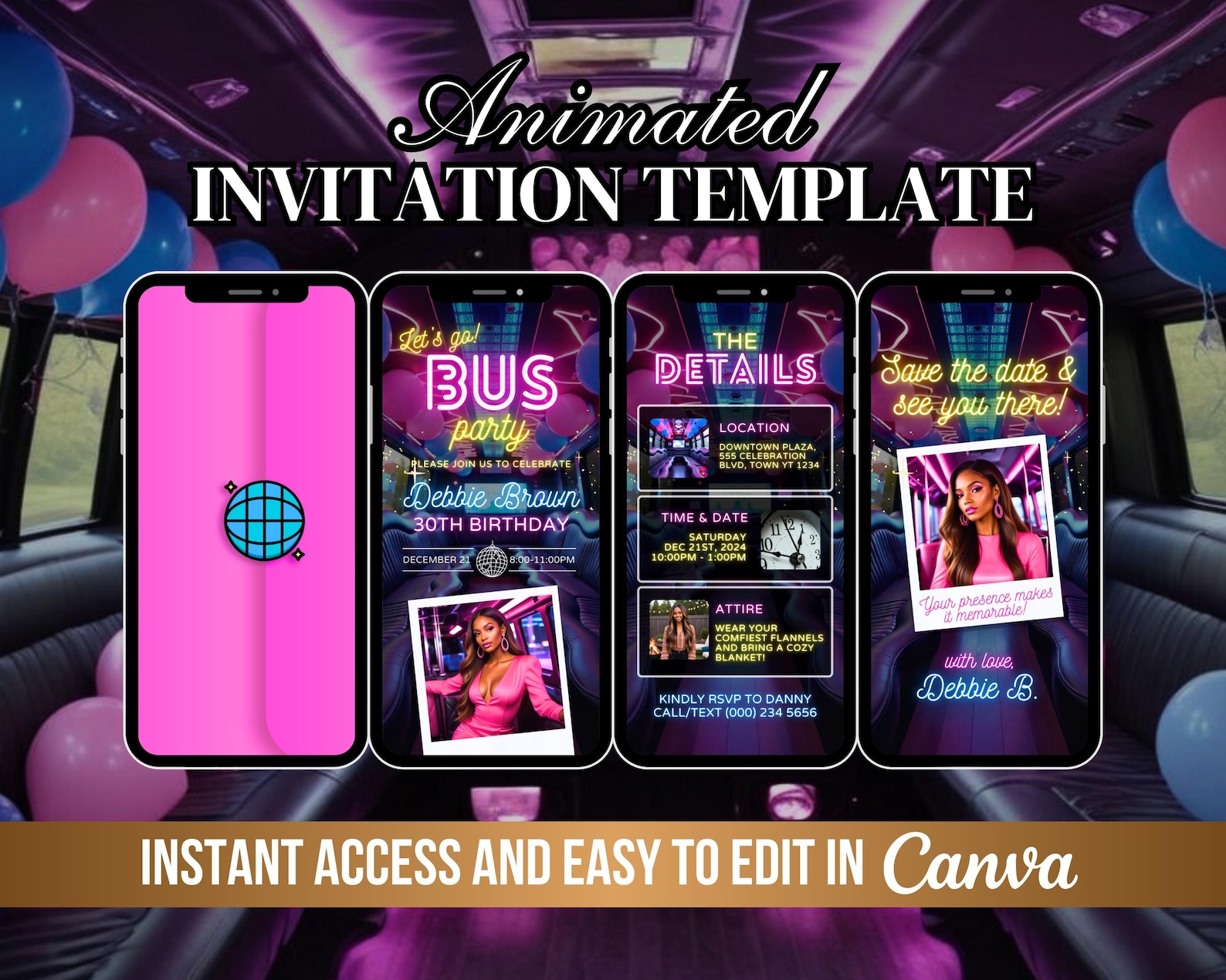 Bus Party Invitation, Editable Limo Birthday Party Invite, Digital ...