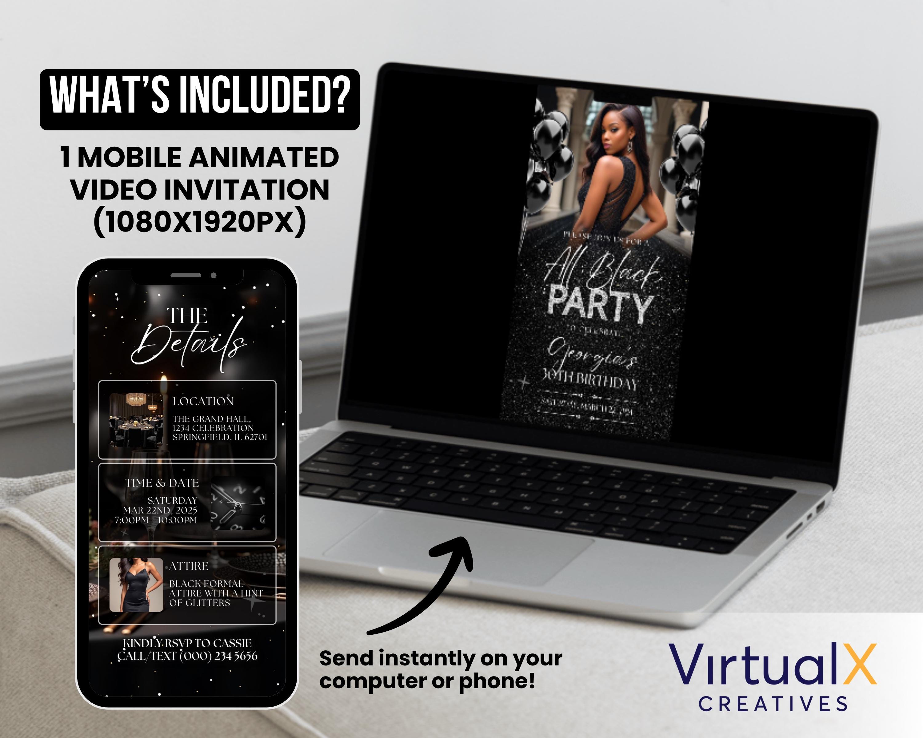 All Black Birthday Party Invitation, Luxury Birthday Dinner, Digital ...