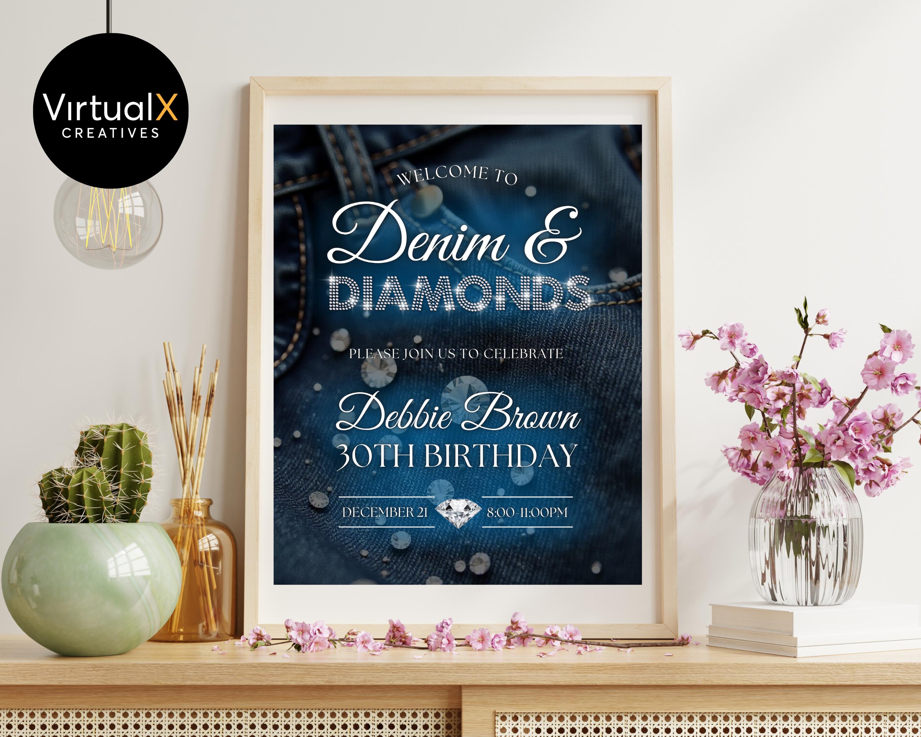 Denim and Diamonds Birthday Party Welcome Sign, DIY Cowgirl Denim ...