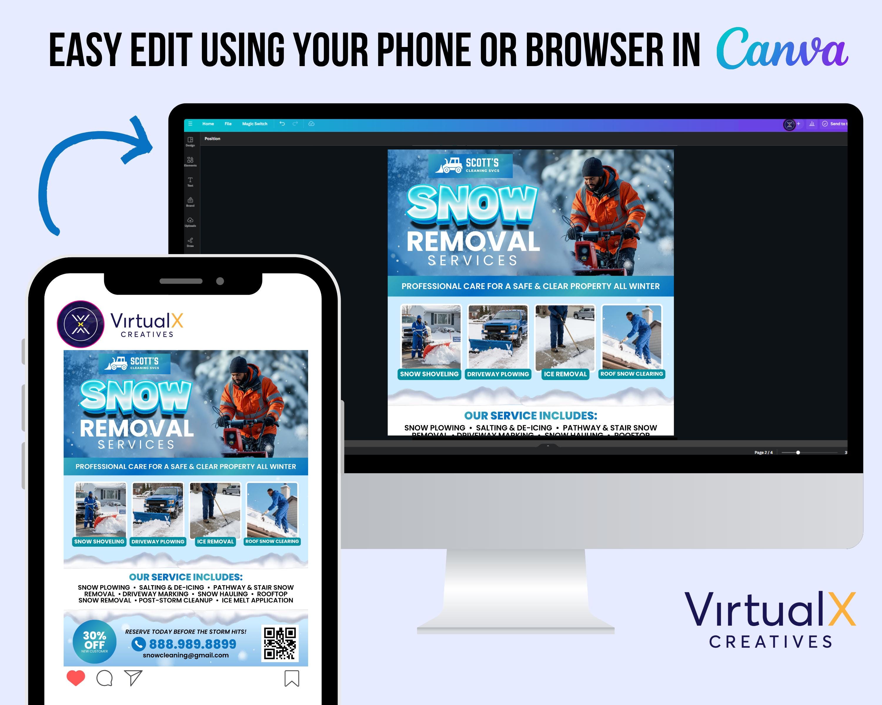Snow Removal Services Template, Ice Removal Plowing Poster, Editable ...