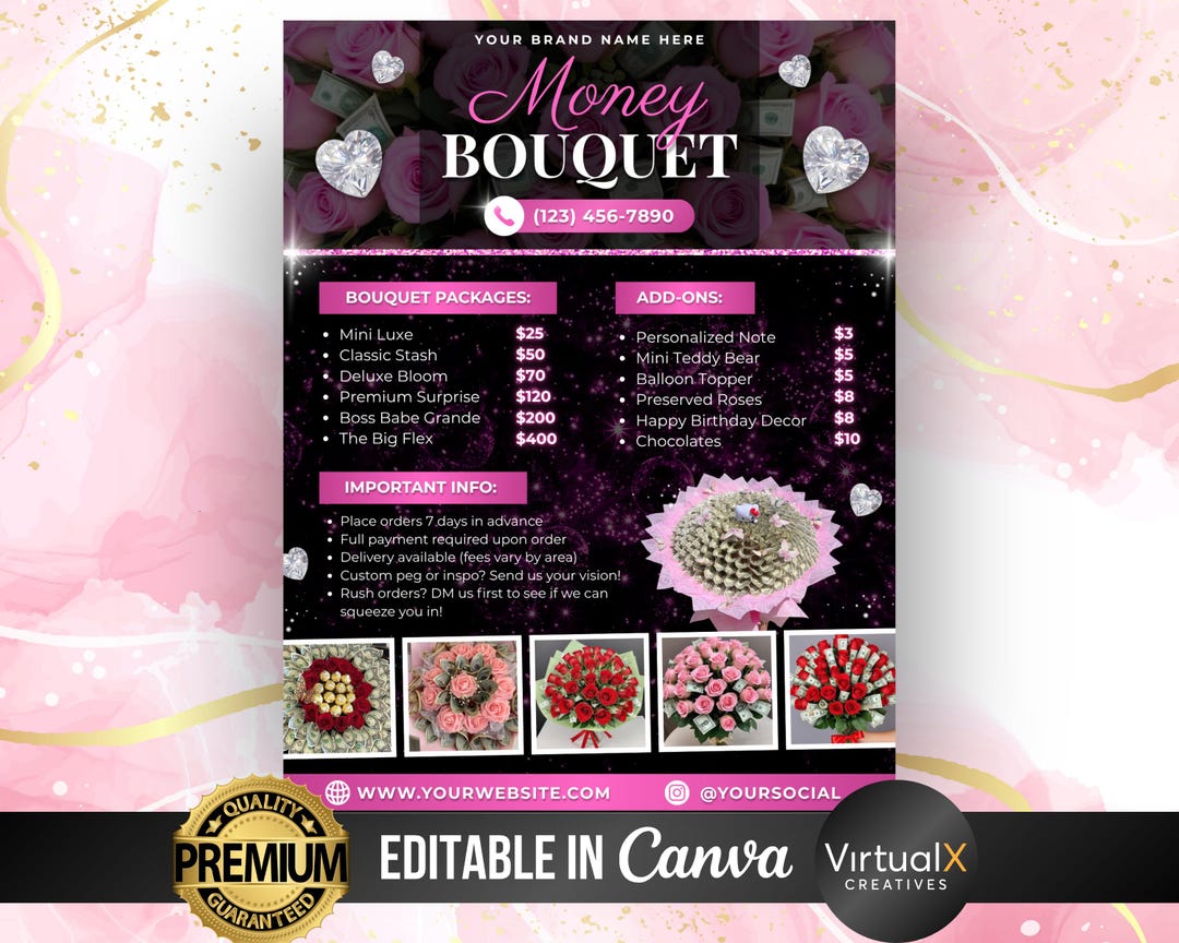 Money Bouquet Pricelist, Florist Pricelist, Editable Luxury Printable ...
