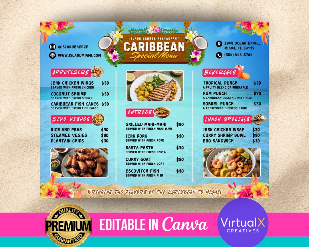 Caribbean Food Menu Flyer, Jamaican Restaurant Menu, Haitian Food Menu ...