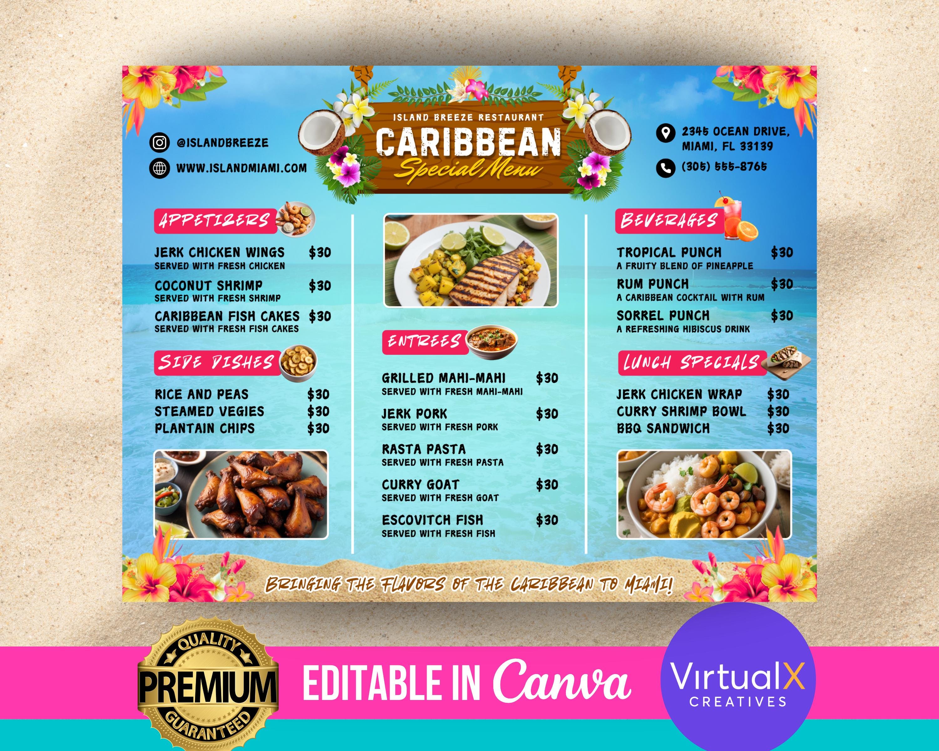 Caribbean Food Menu Flyer, Jamaican Restaurant Menu, Haitian Food Menu ...