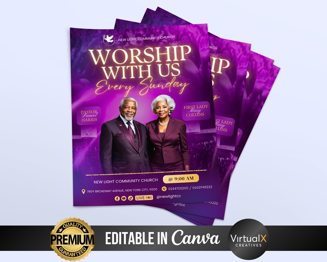 Sunday Worship Service, Purple Church Event Flyer, Christian Church ...