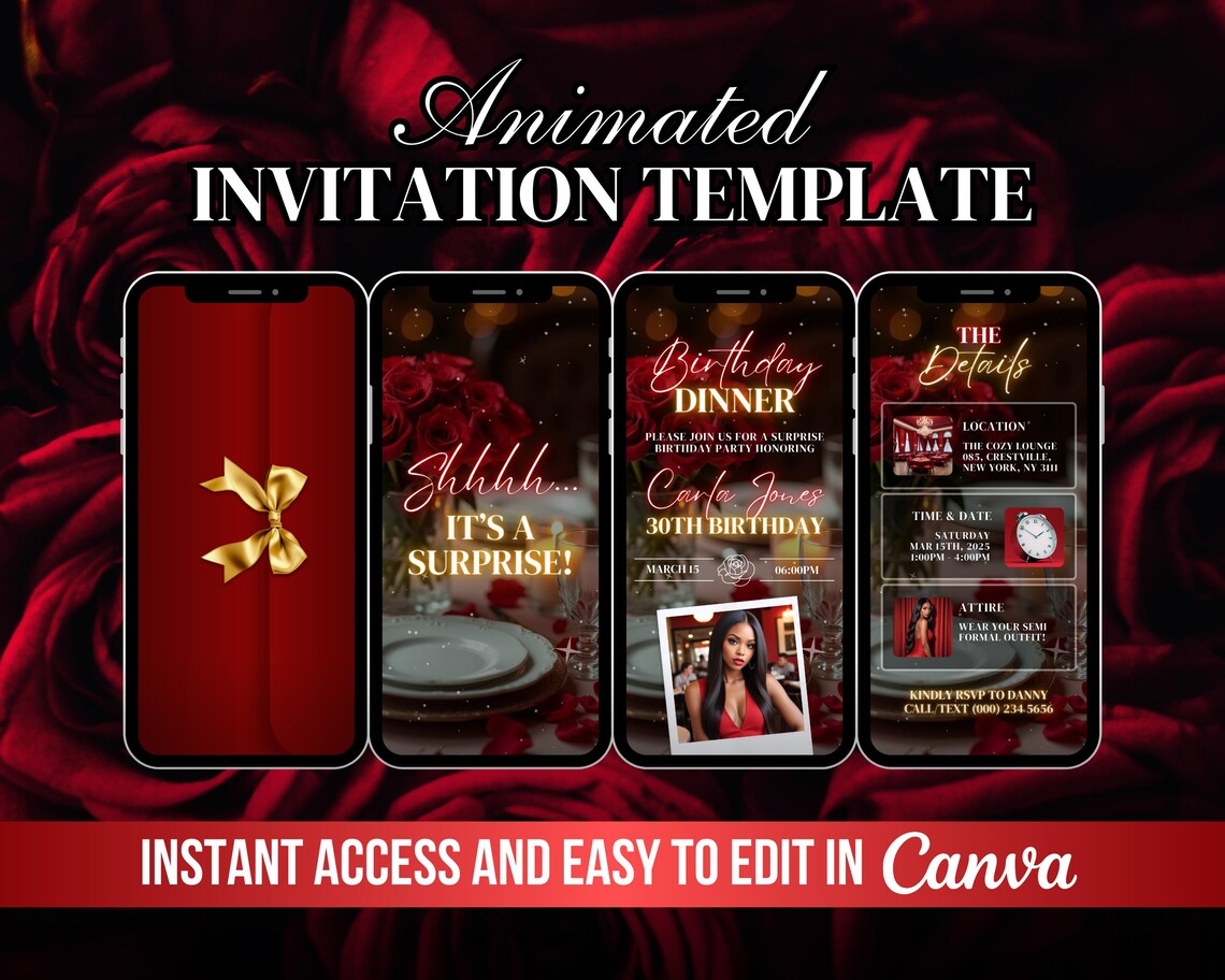 Surprise Birthday Party Invitation, Red Surprise Dinner Animated Invite ...