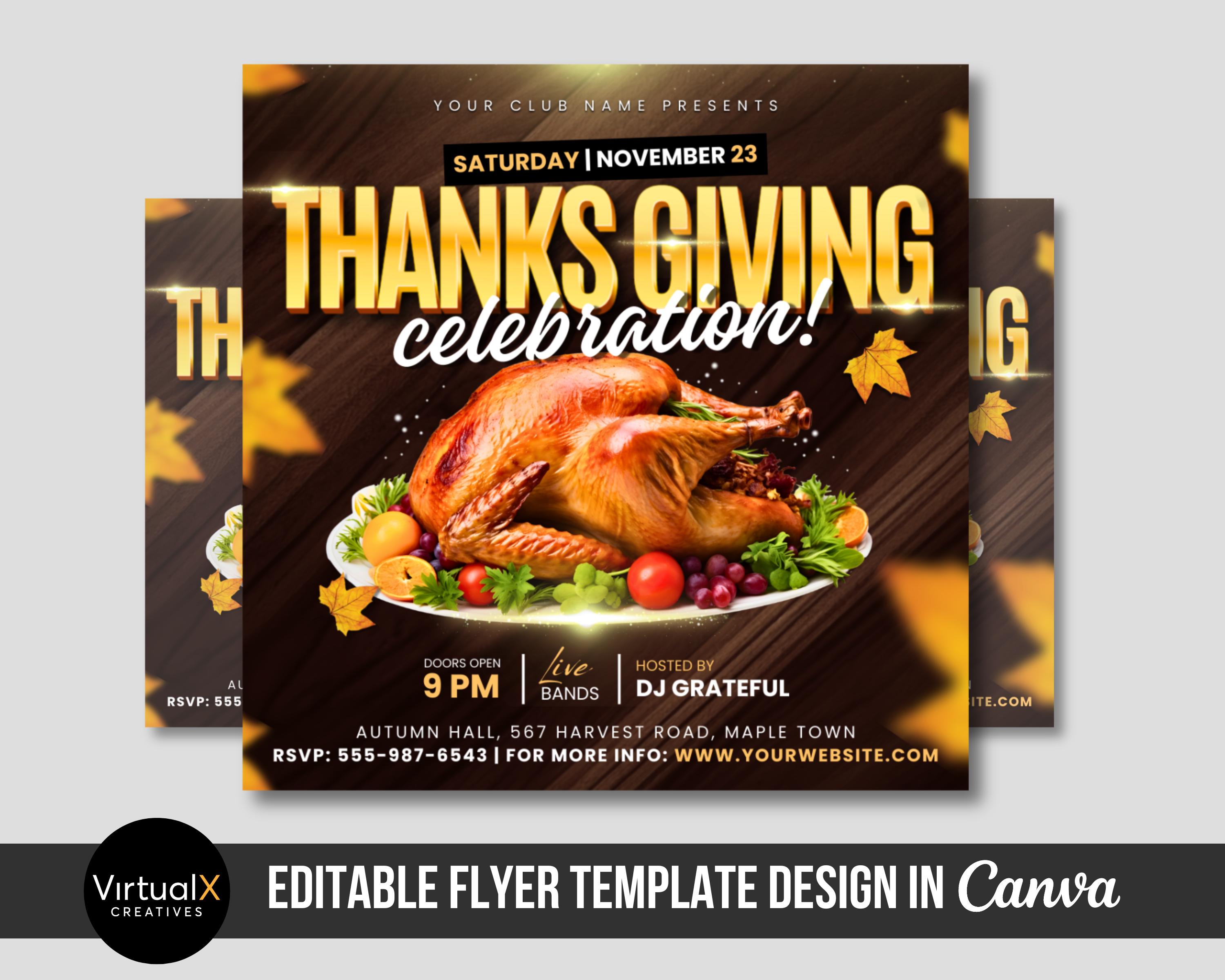 Thanksgiving Party Flyer, Thanksgiving Club Invitation Flyer, Editable ...