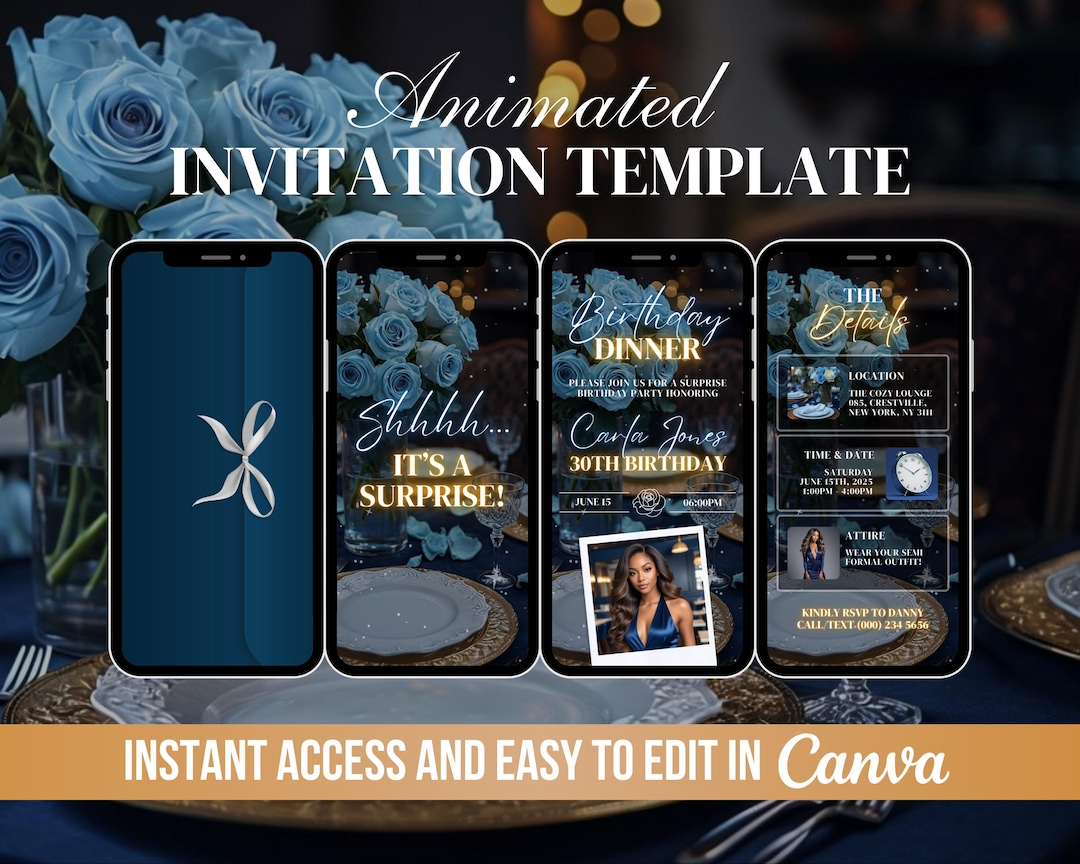 Surprise Birthday Party Invitation, Blue Surprise Dinner Animated ...