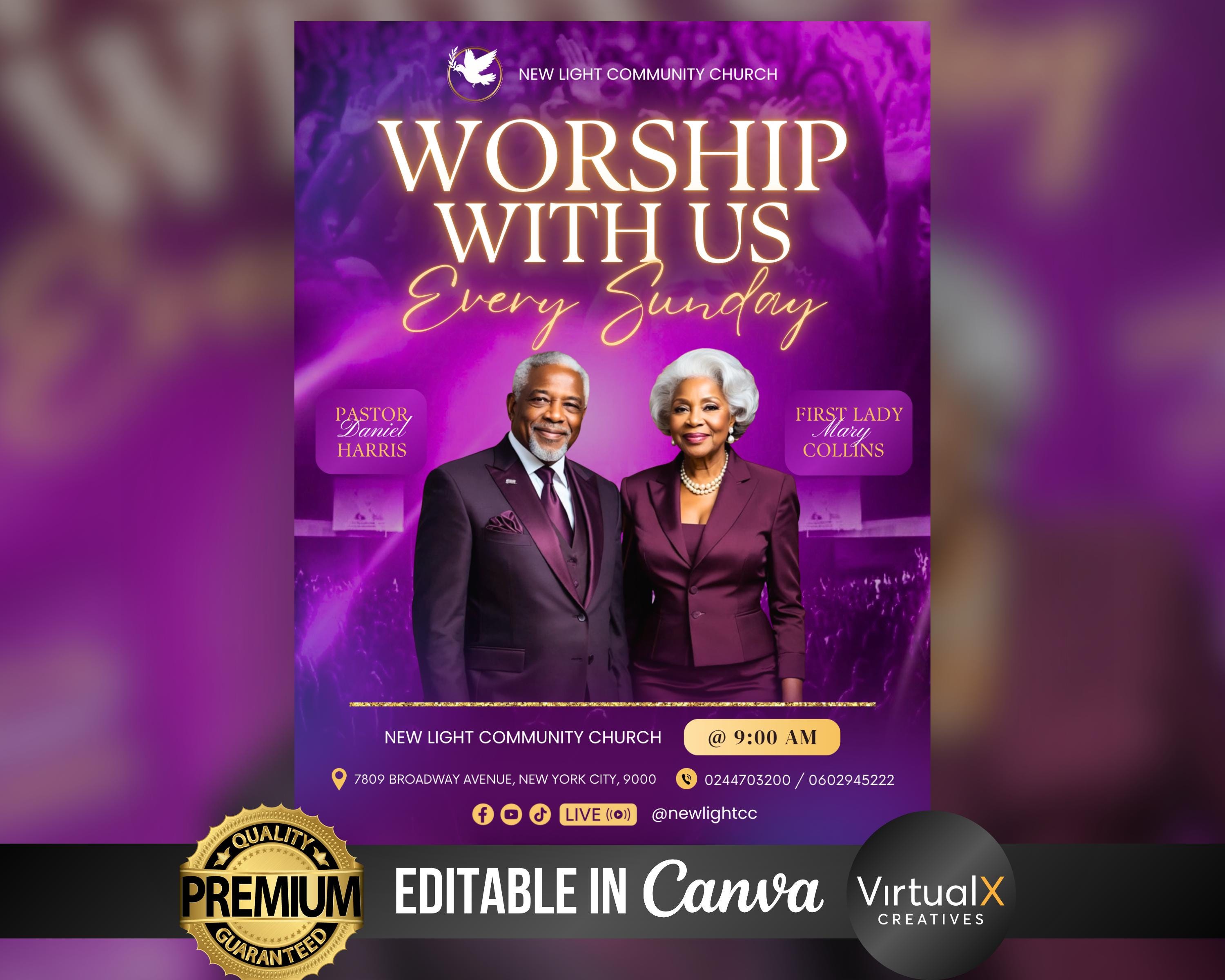 Sunday Worship Service, Purple Church Event Flyer, Christian Church ...