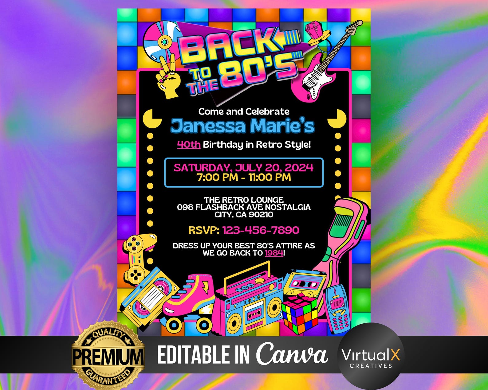 Back to the 80s Party Flyer, Retro Bday, Throwback Party Invite, Neon ...