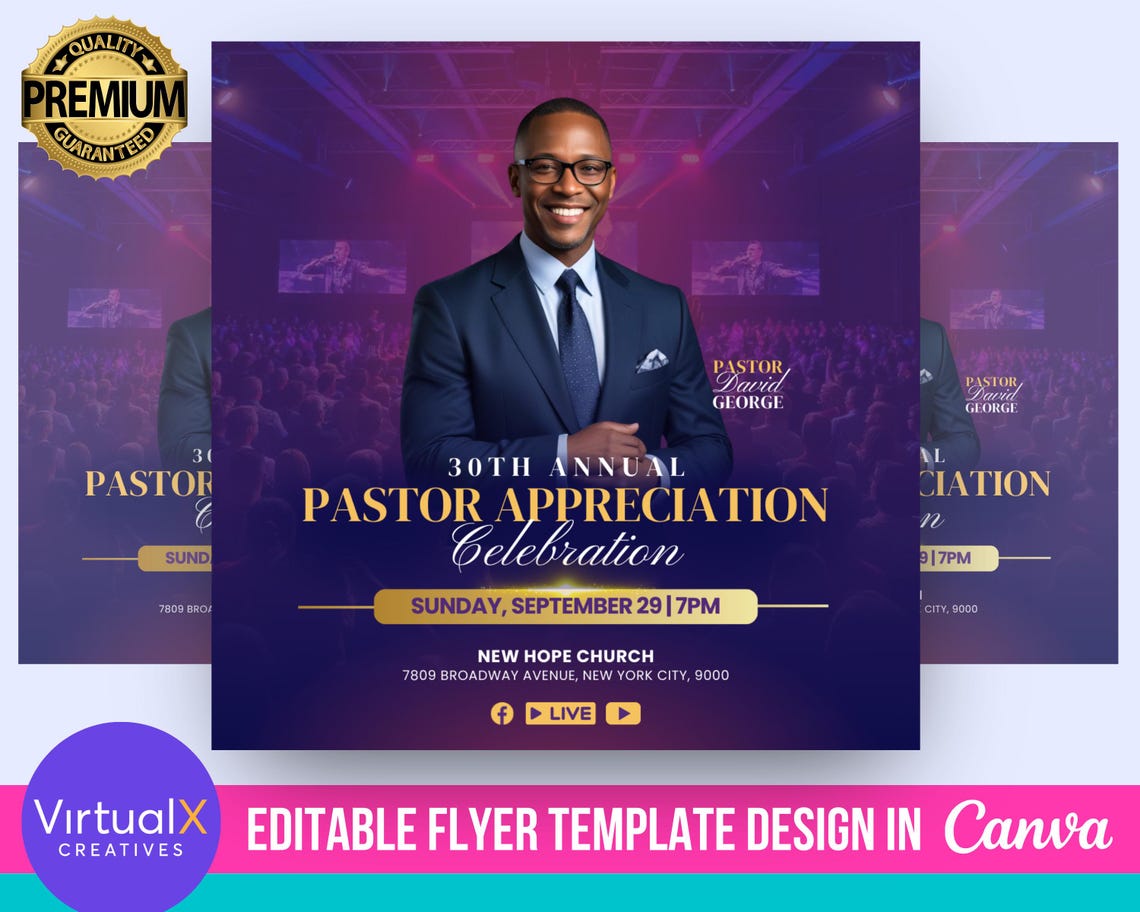 Pastor Appreciation Program Template, Pastor Anniversary, Purple Gold ...
