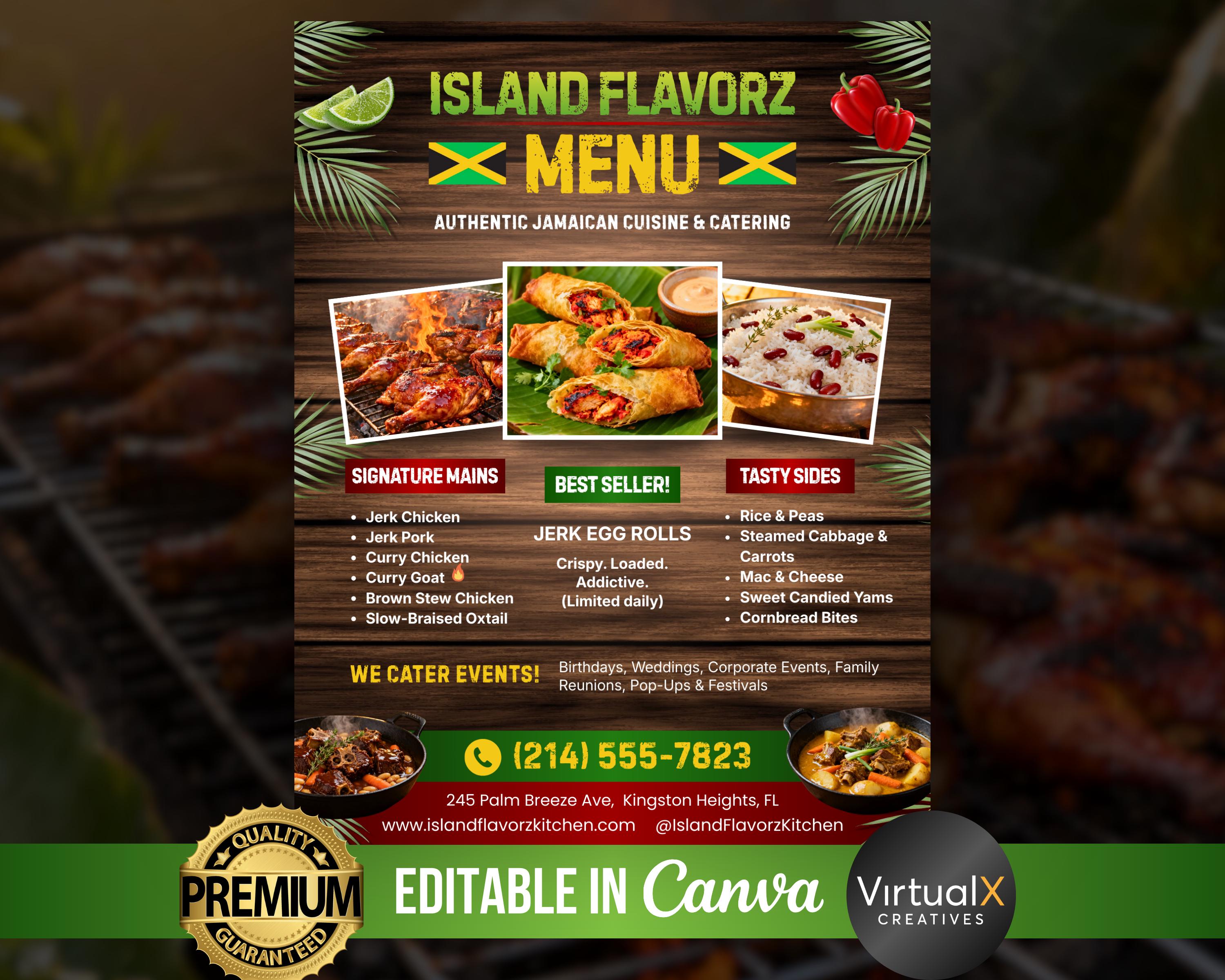 Jamaican Restaurant Menu Template | Caribbean Food Flyer Canva ...