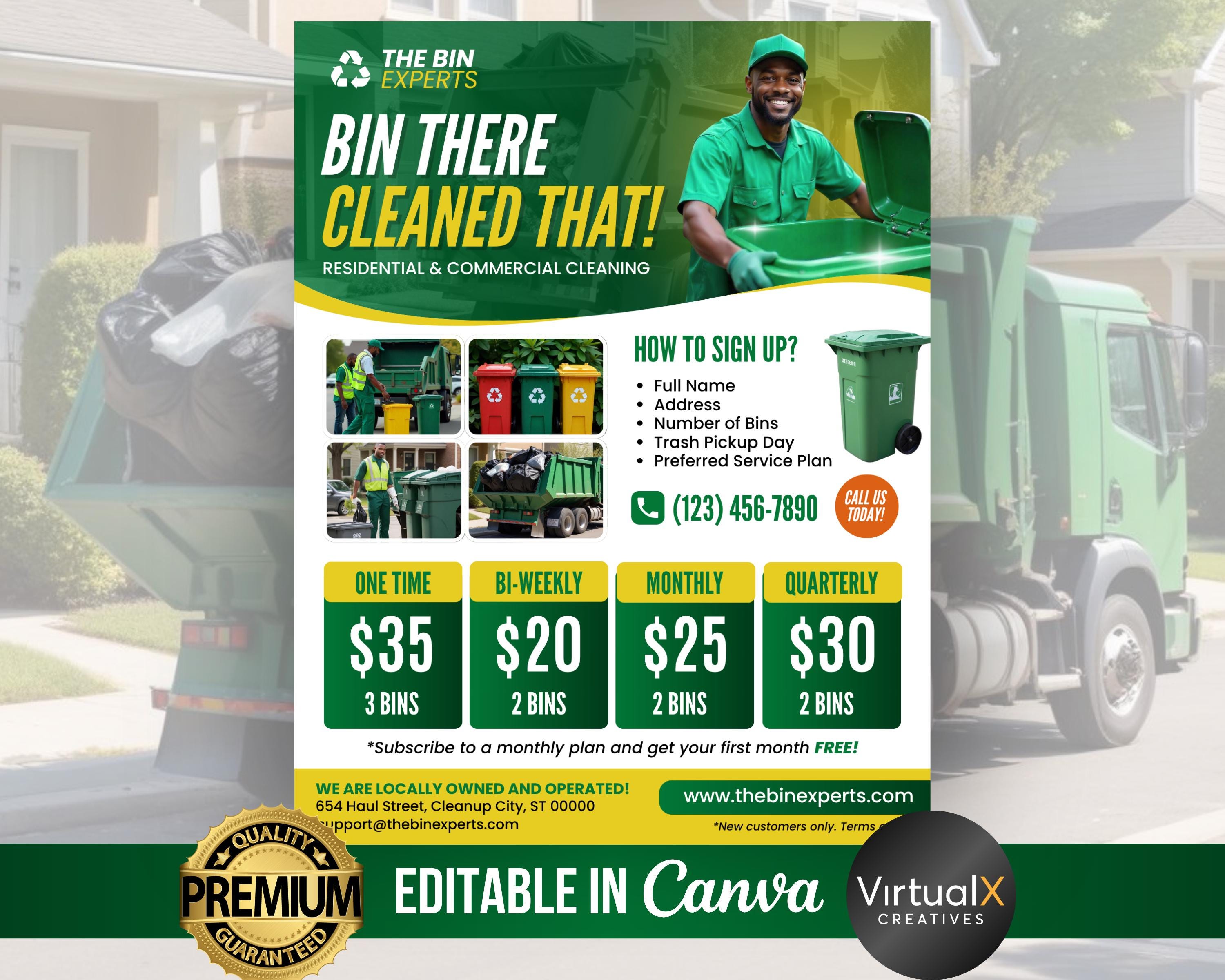 Trash Bin Cleaning Service Flyer, Garbage Cleaning, Junk Hauling ...