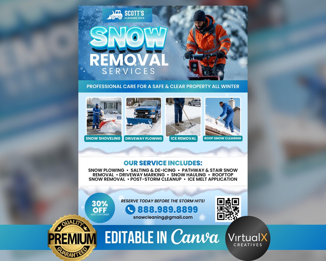Snow Removal Services Template, Ice Removal Plowing Poster, Editable ...