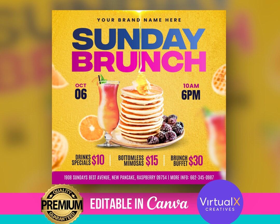 Sunday Brunch Flyer, Brunch and Mimosas Invitation, Premade Networking ...