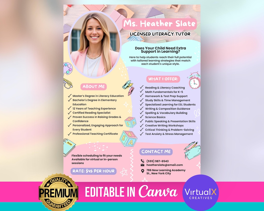 Editable Tutoring Flyer, Elementary Tutor Template, Summer Tutoring ...