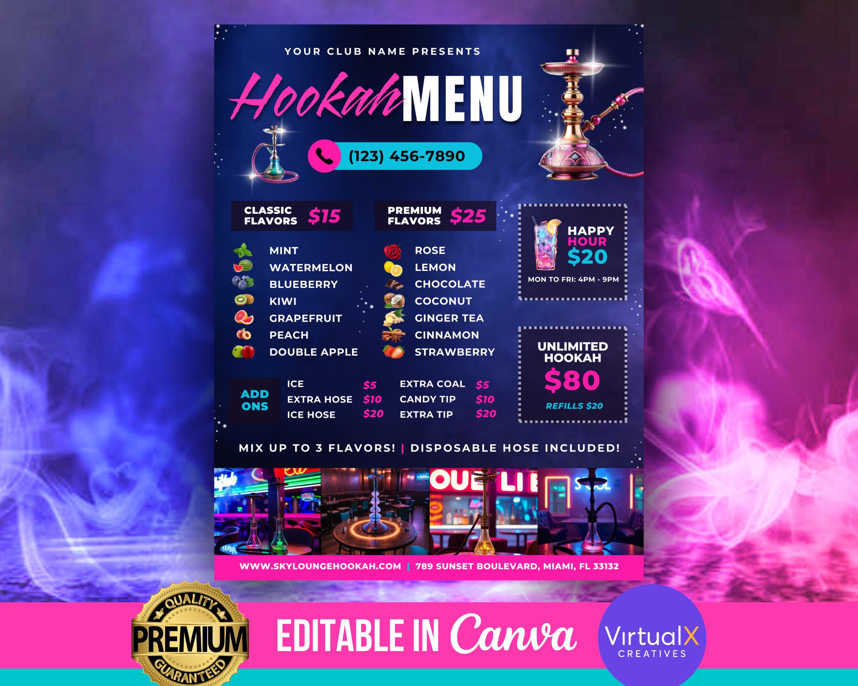 Hookah Menu Flyer, Editable Club Flyer, Canva Menu Template, Luxury ...