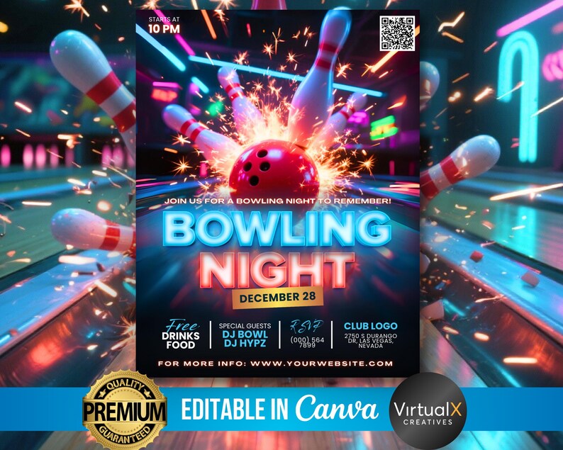 Bowling Night Flyer Template, Bowling Club Party Invitation, Bowling ...