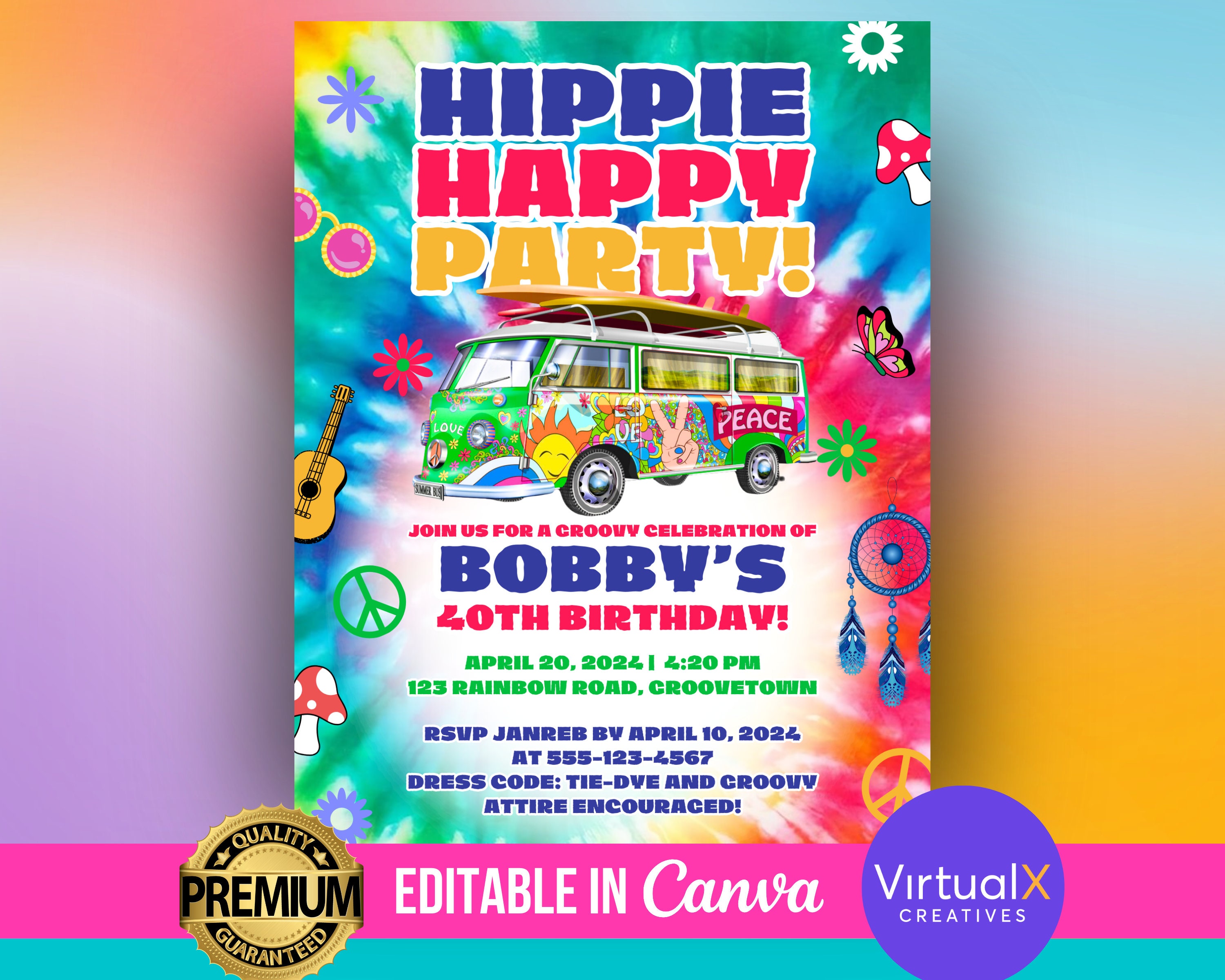 60s 70s Groovy Hippie Peace & Love Birthday Invitation, 40th 50th ...