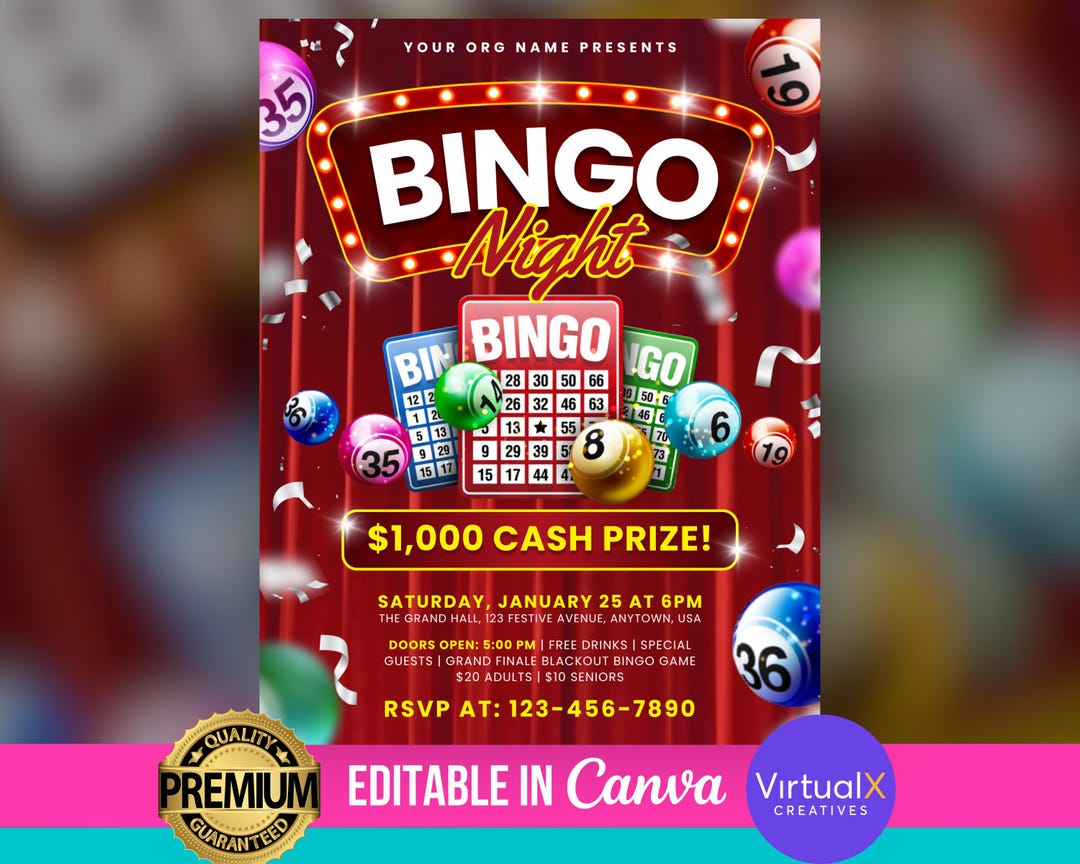 Bingo Night Party Flyer, Bingo Theme Party Invitation, Bingo Fundraiser ...