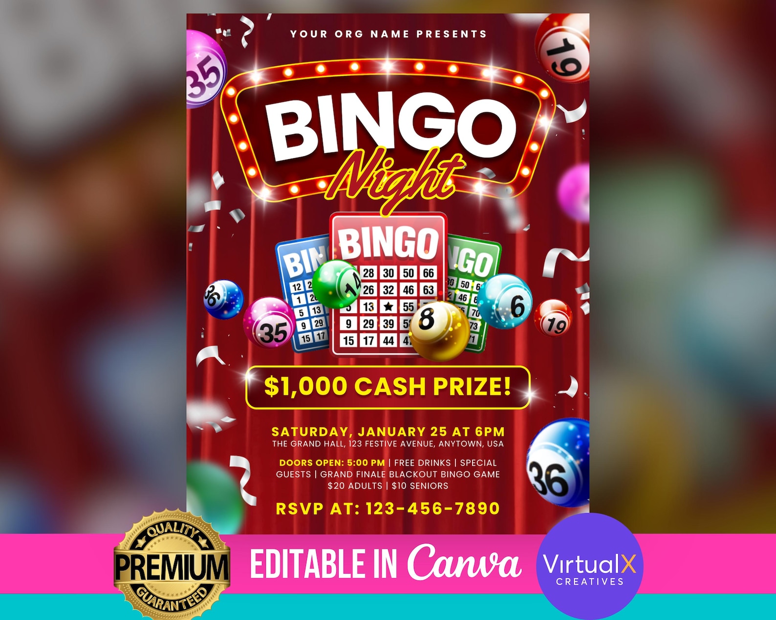 Bingo Night Party Flyer, Bingo Theme Party Invitation, Bingo Fundraiser ...