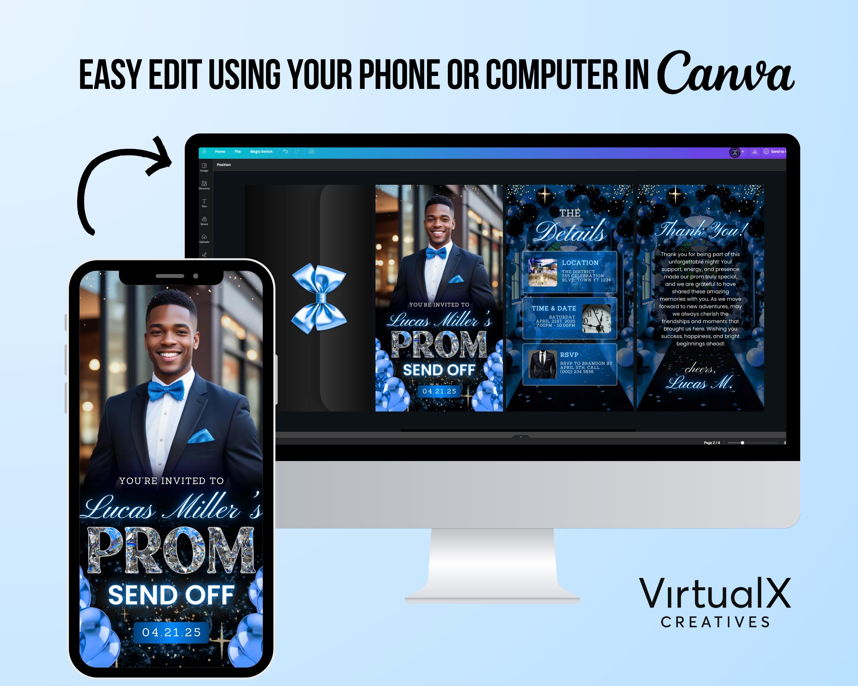 Blue Prom Send off Invite, Prom Party Animated Invitation, Men Prom ...