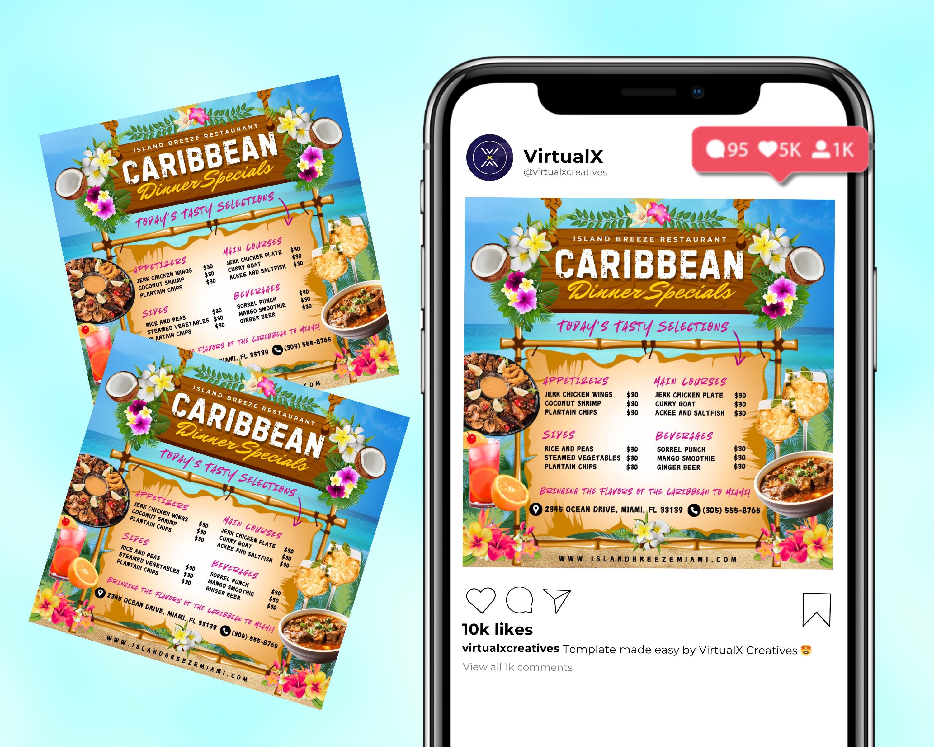 Caribbean Food Menu Flyer, Jamaican Restaurant, Haitian Food Menu Flyer ...