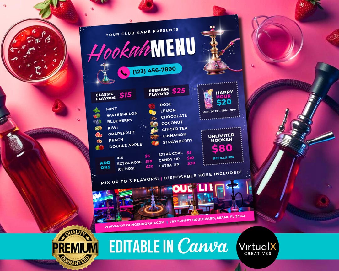 Hookah Menu Flyer, Editable Club Flyer, Canva Menu Template, Luxury ...