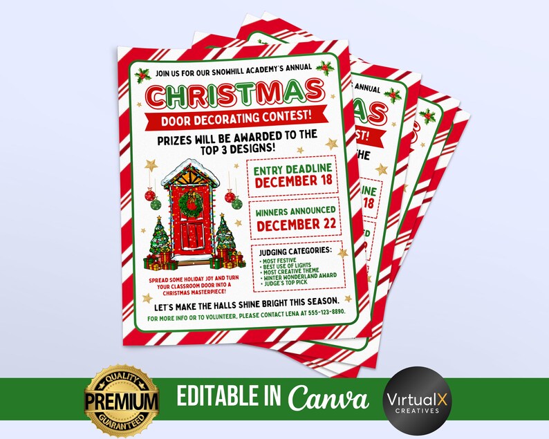 Christmas Door Decorating Contest Flyer, School Holiday Template Poster ...