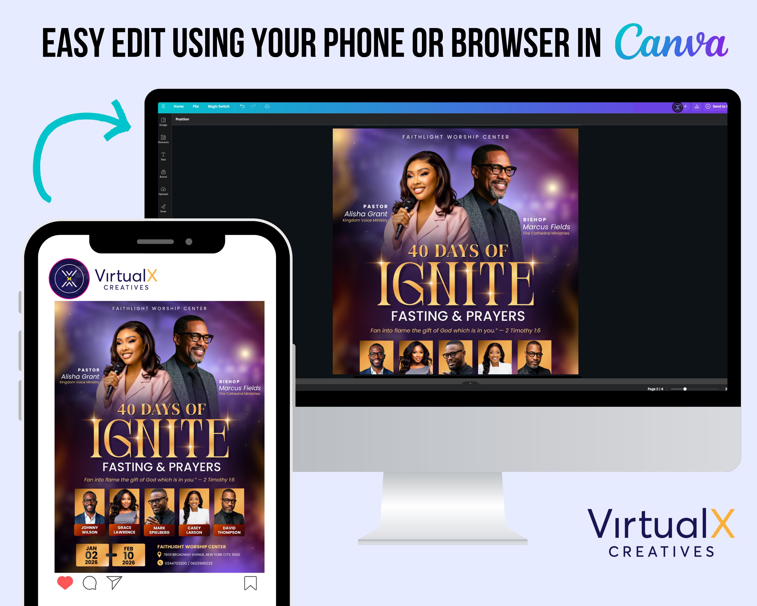 40 Days of Ignite Flyer, Church Revival Canva Template, Fasting and ...