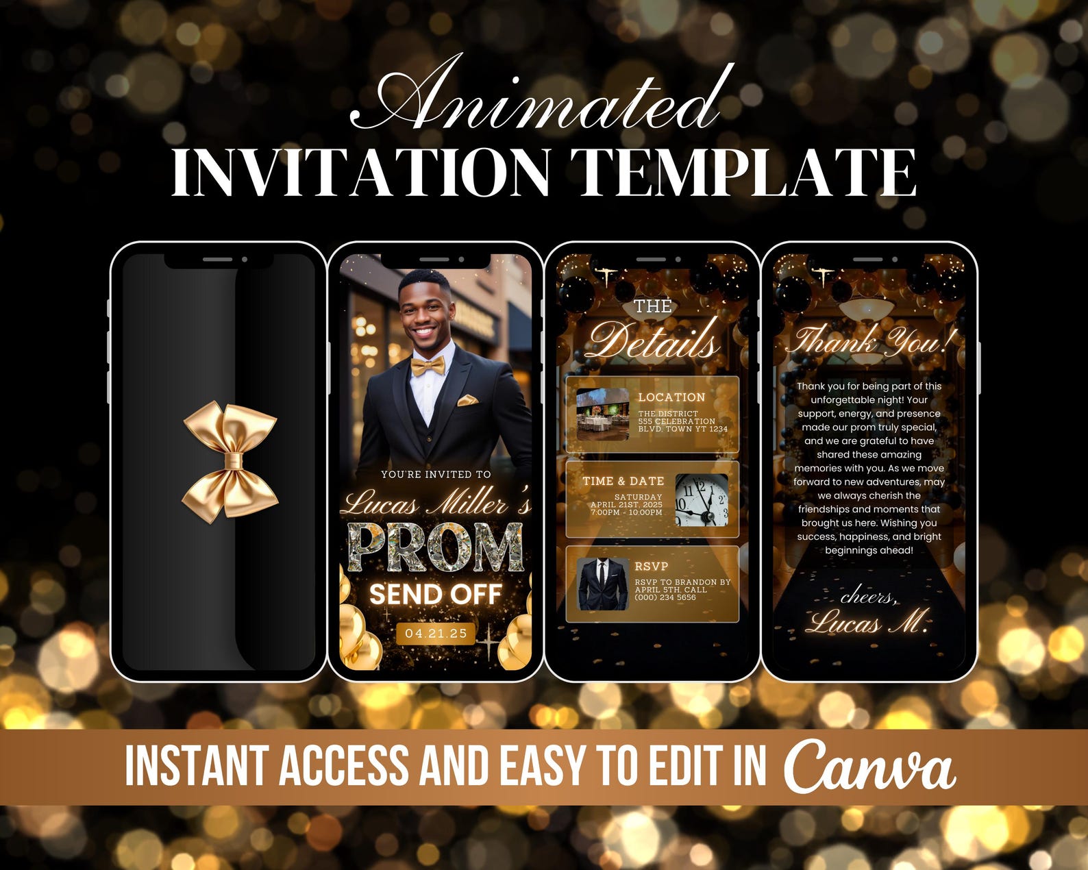 Gold Prom Send off Invite, Prom Party Animated Invitation, Men Prom ...