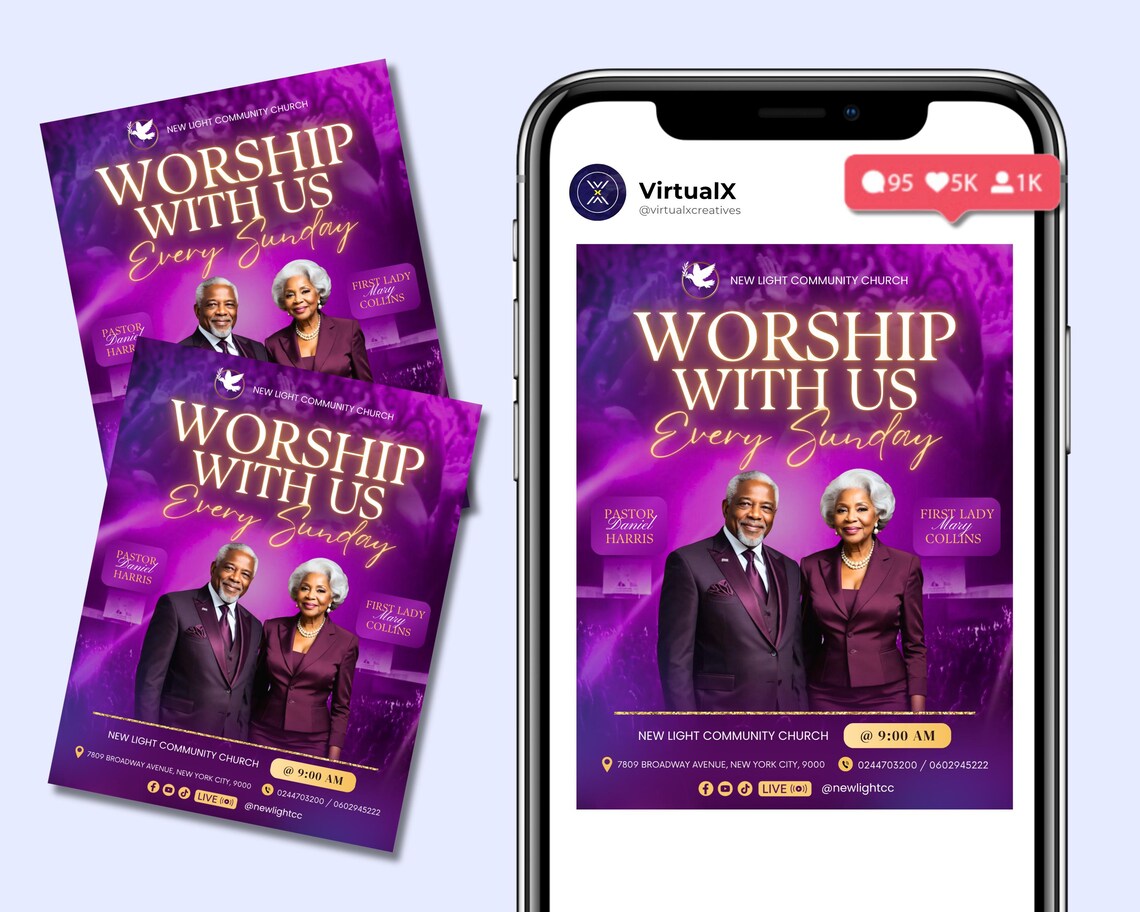 Sunday Worship Service, Purple Church Event Flyer, Christian Church ...