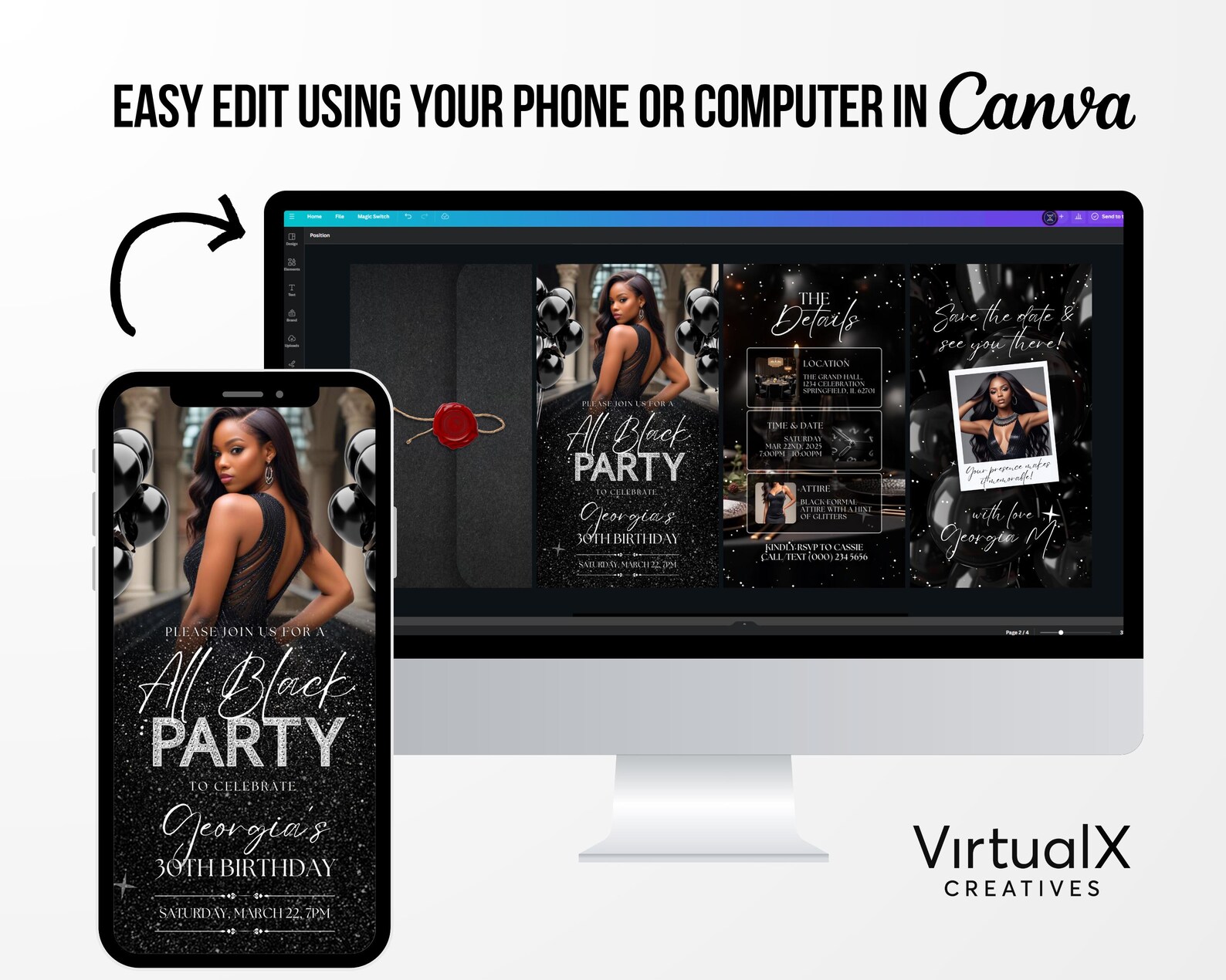 All Black Birthday Party Invitation, Luxury Birthday Dinner, Digital ...