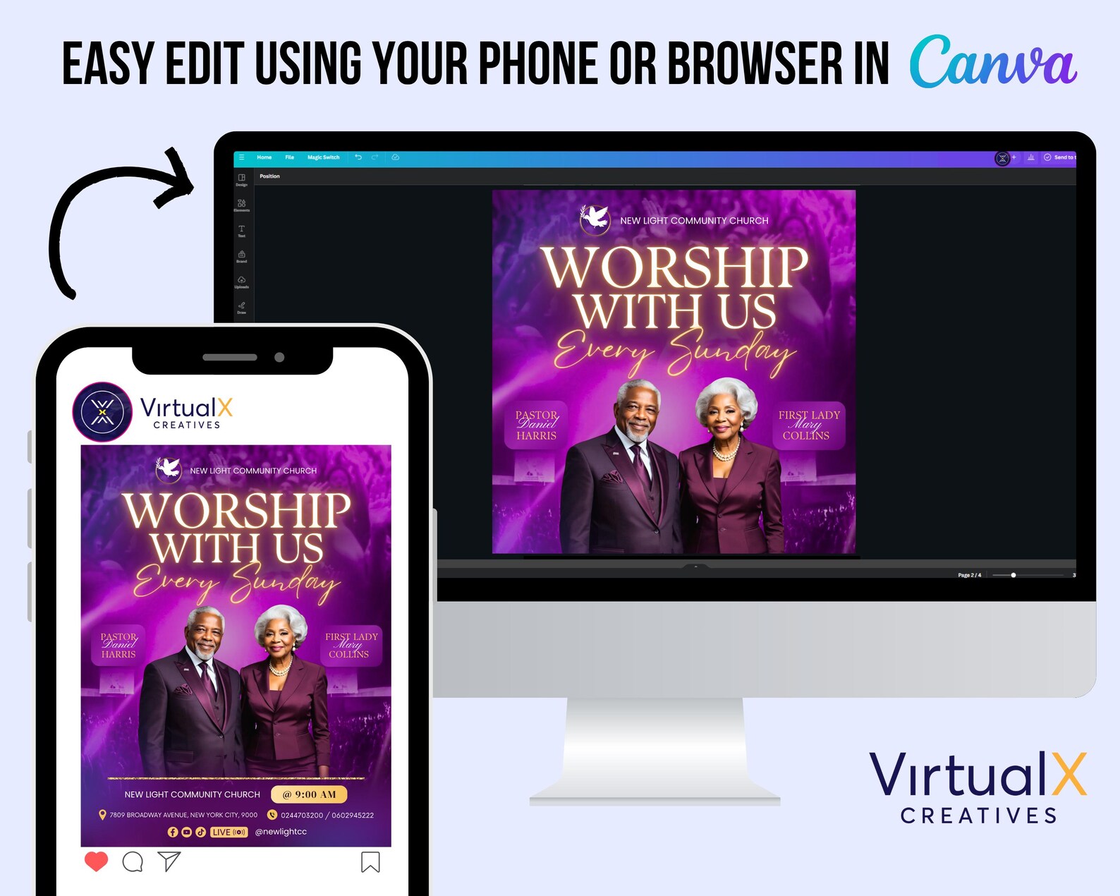 Sunday Worship Service, Purple Church Event Flyer, Christian Church ...