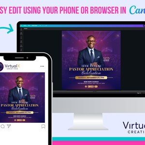 Pastor Appreciation Program Template, Pastor Anniversary, Purple Gold, Livestream Church ...