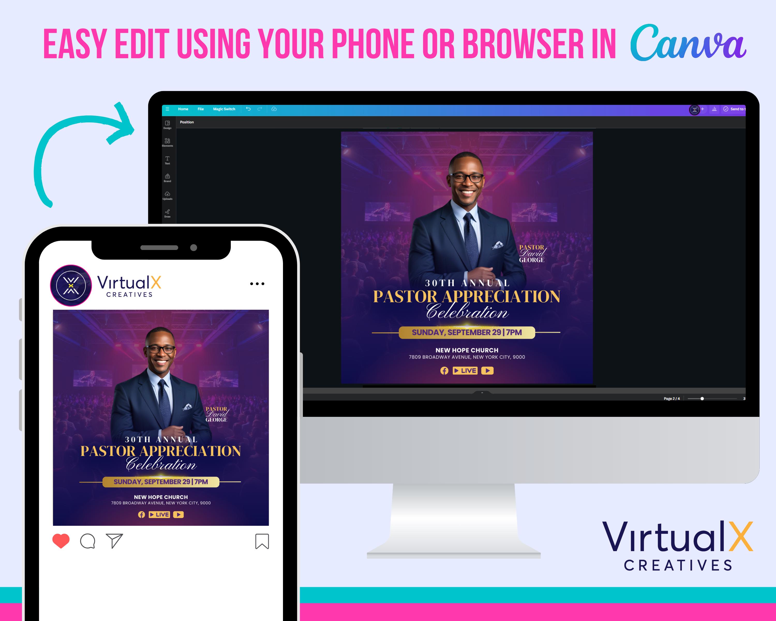 Pastor Appreciation Program Template, Pastor Anniversary, Purple Gold, Livestream Church ...