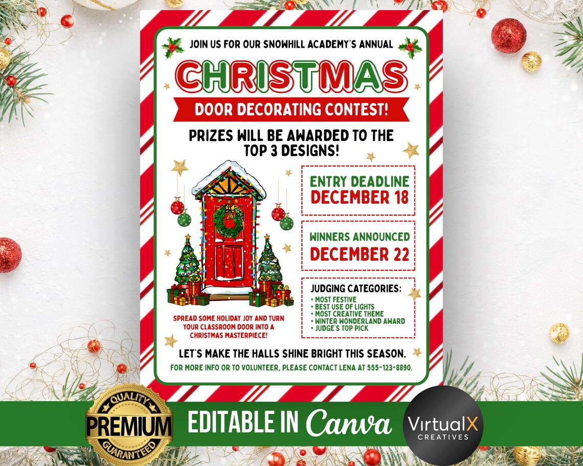 Christmas Door Decorating Contest Flyer, School Holiday Template Poster ...