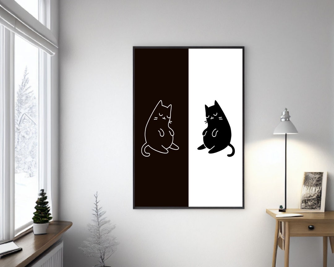 Yin and Yang Fat Cat Poster Black and White Cat Poster Gift - Etsy