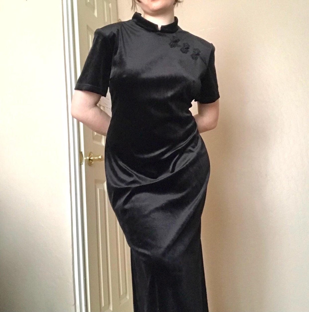 Vintage Black Velvet Standing Collar Qipao Cheongsam Dress Chinese ...