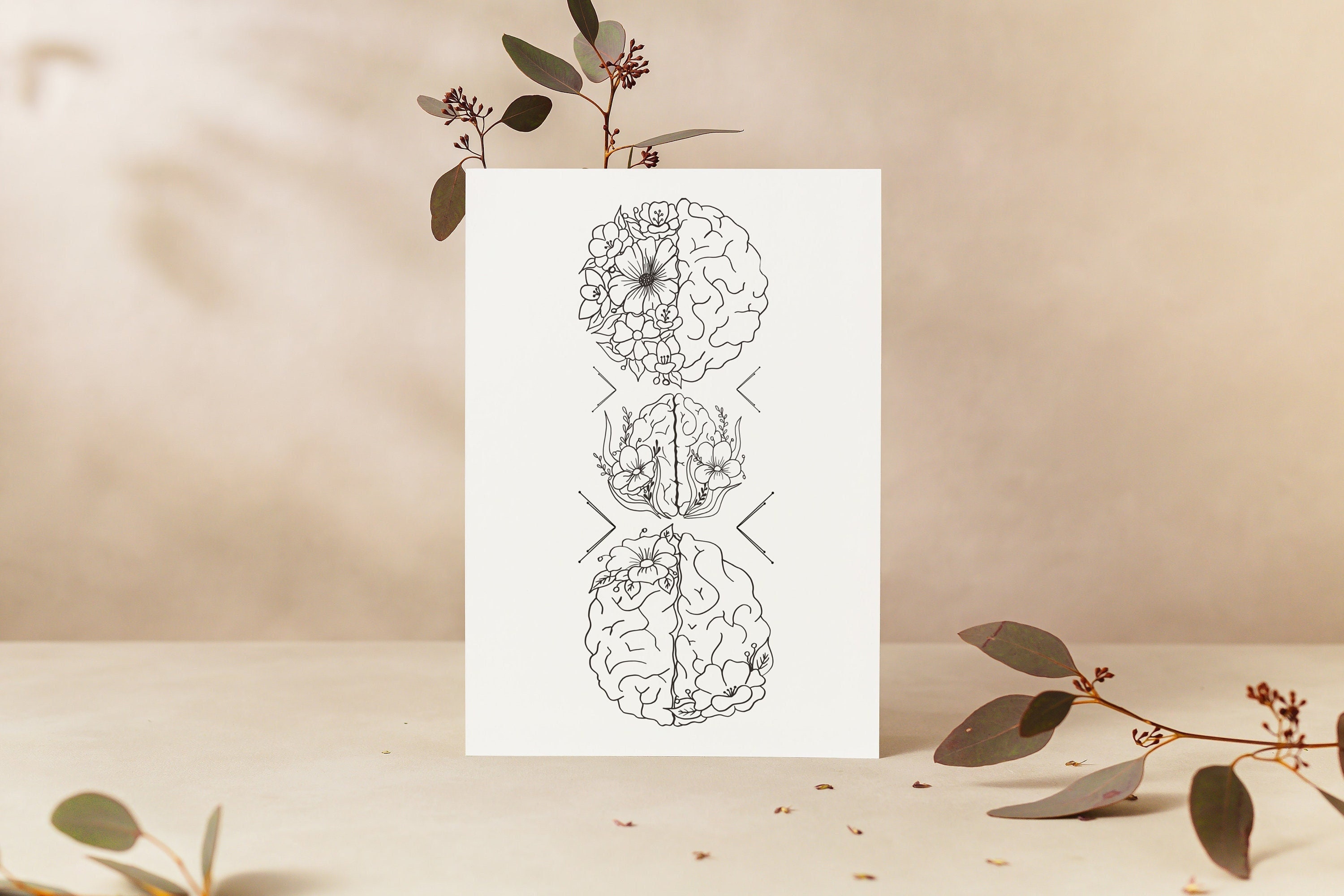 Floral Brain Art Print, Digital Download, Botanical Anatomy Drawing ...