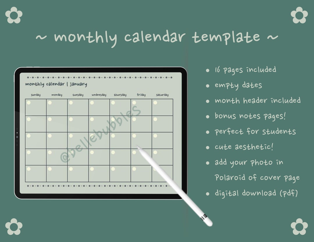 Cute Green Monthly Calendar Template With Empty Dates for Students - Etsy