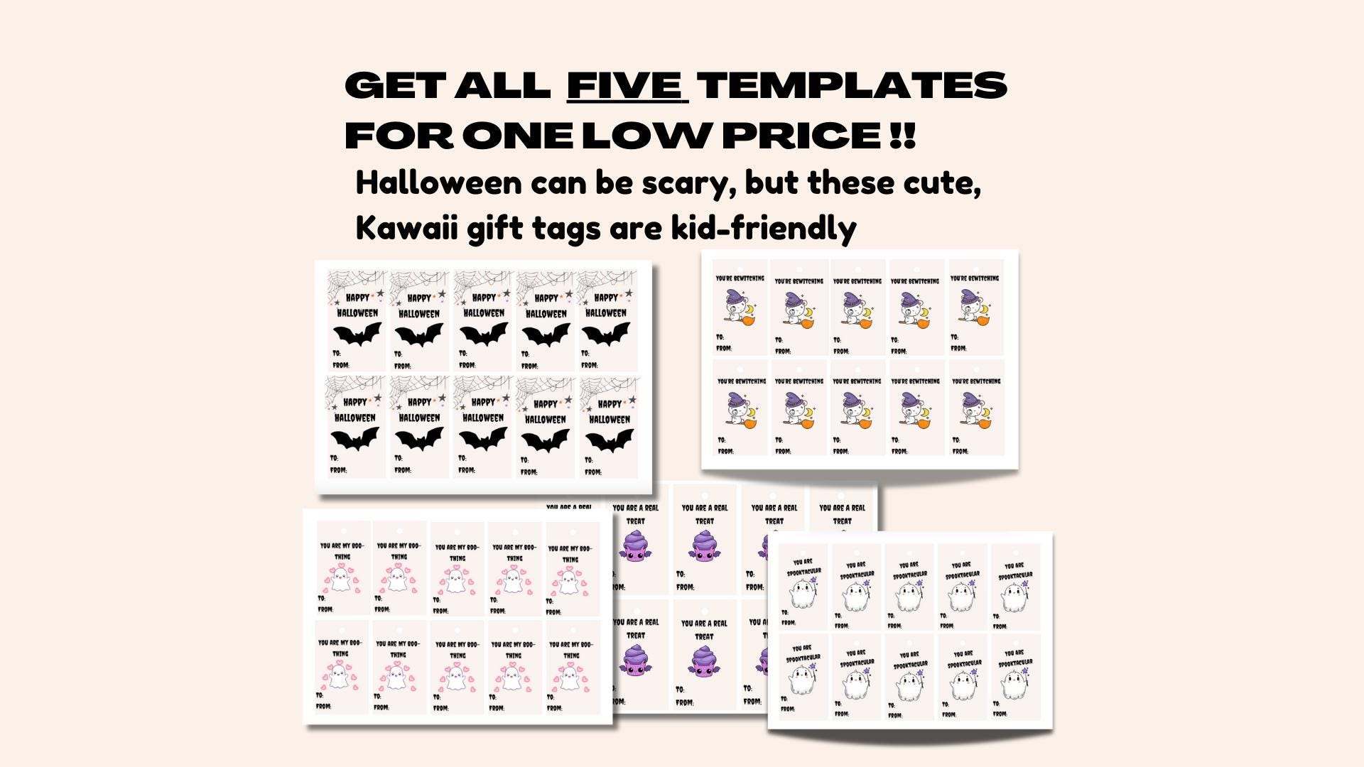 Bundle of 5 Templates! Cute Kawaii Ghost Halloween Gift Tags Printable ...