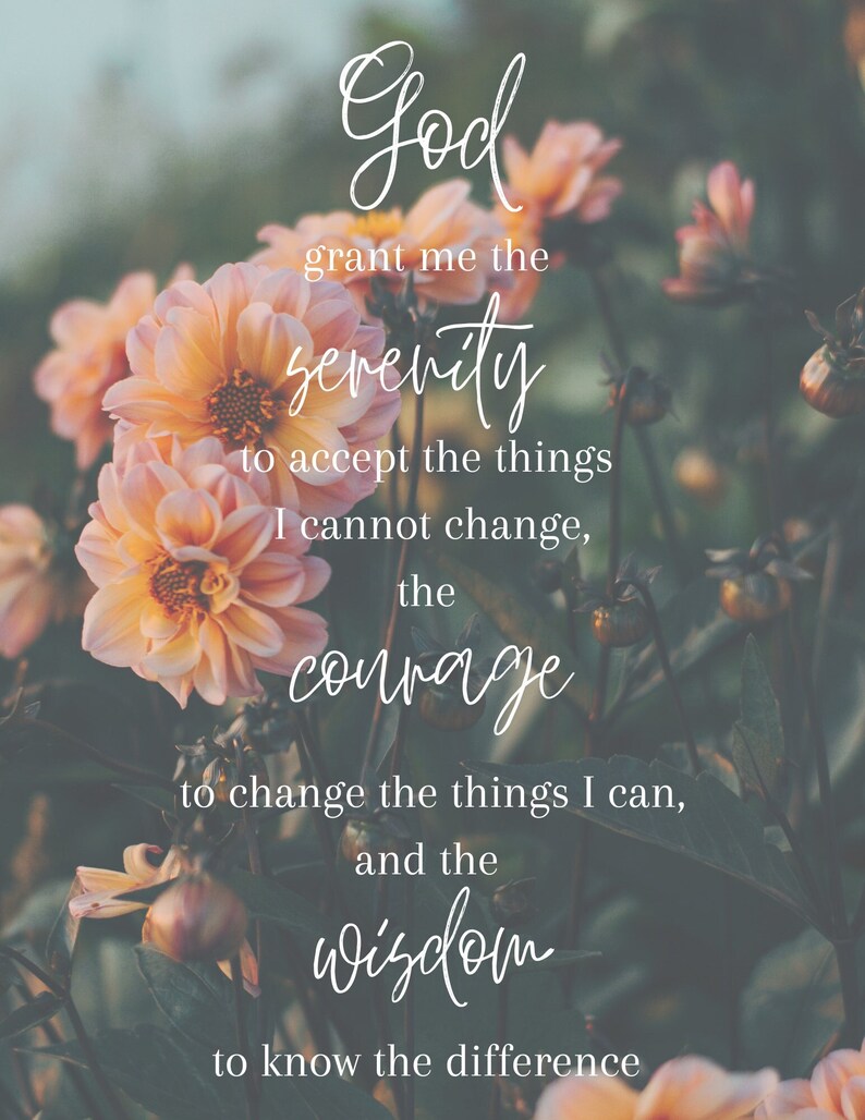 Serenity Prayer Recovery AA Printable Wall Art With Coral Flower Photo ...