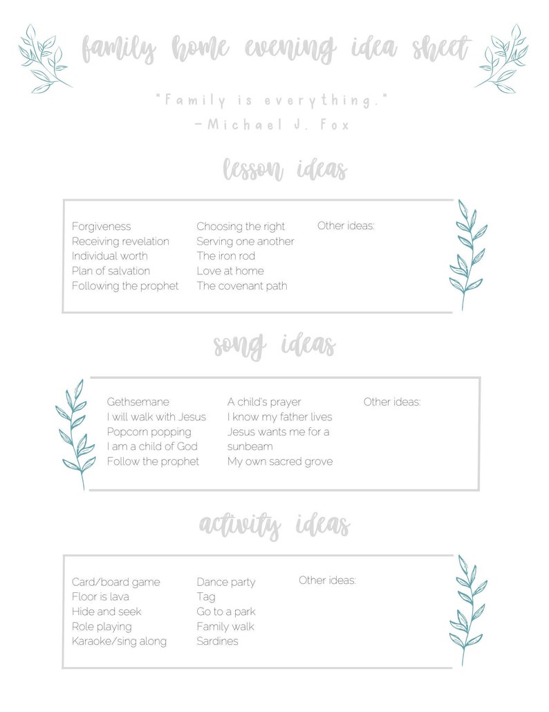 Family Home Evening Idea Sheet - Etsy