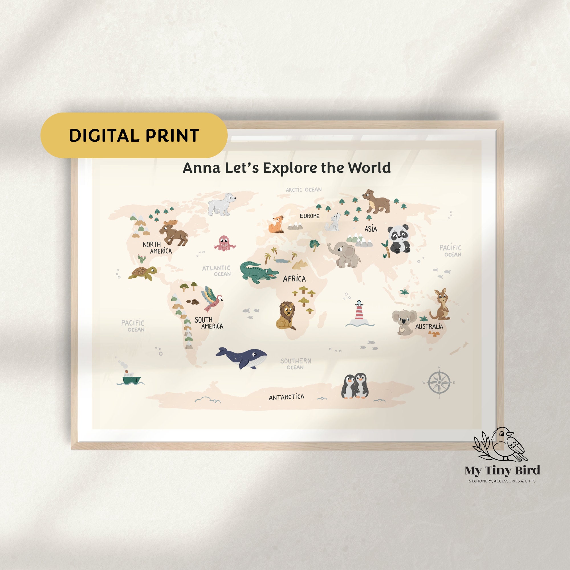 Printable World Map Educational Chart Wall Decor Beige, a Beautiful ...