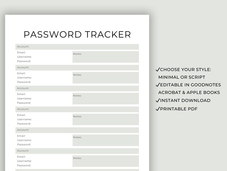 Printable Password Tracker Template PDF | Digital Password Log ...