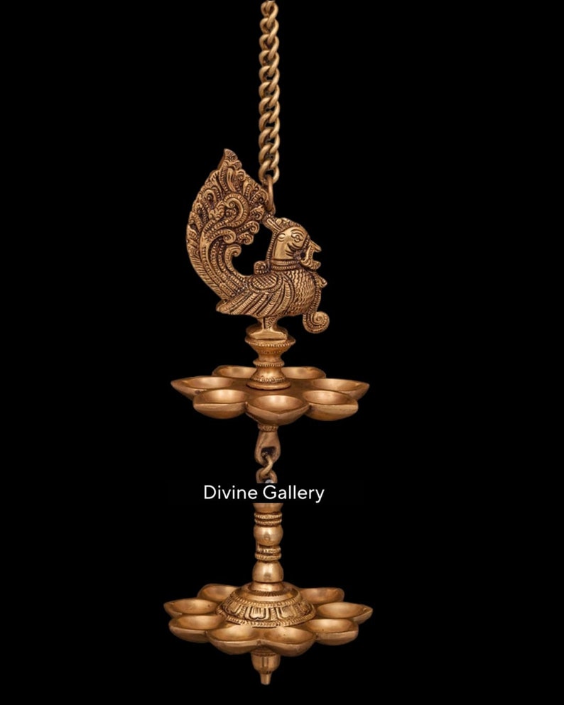 Brass Hanging Diya With Chain, 72 Cm Long Annam Bird Design Traditional ...