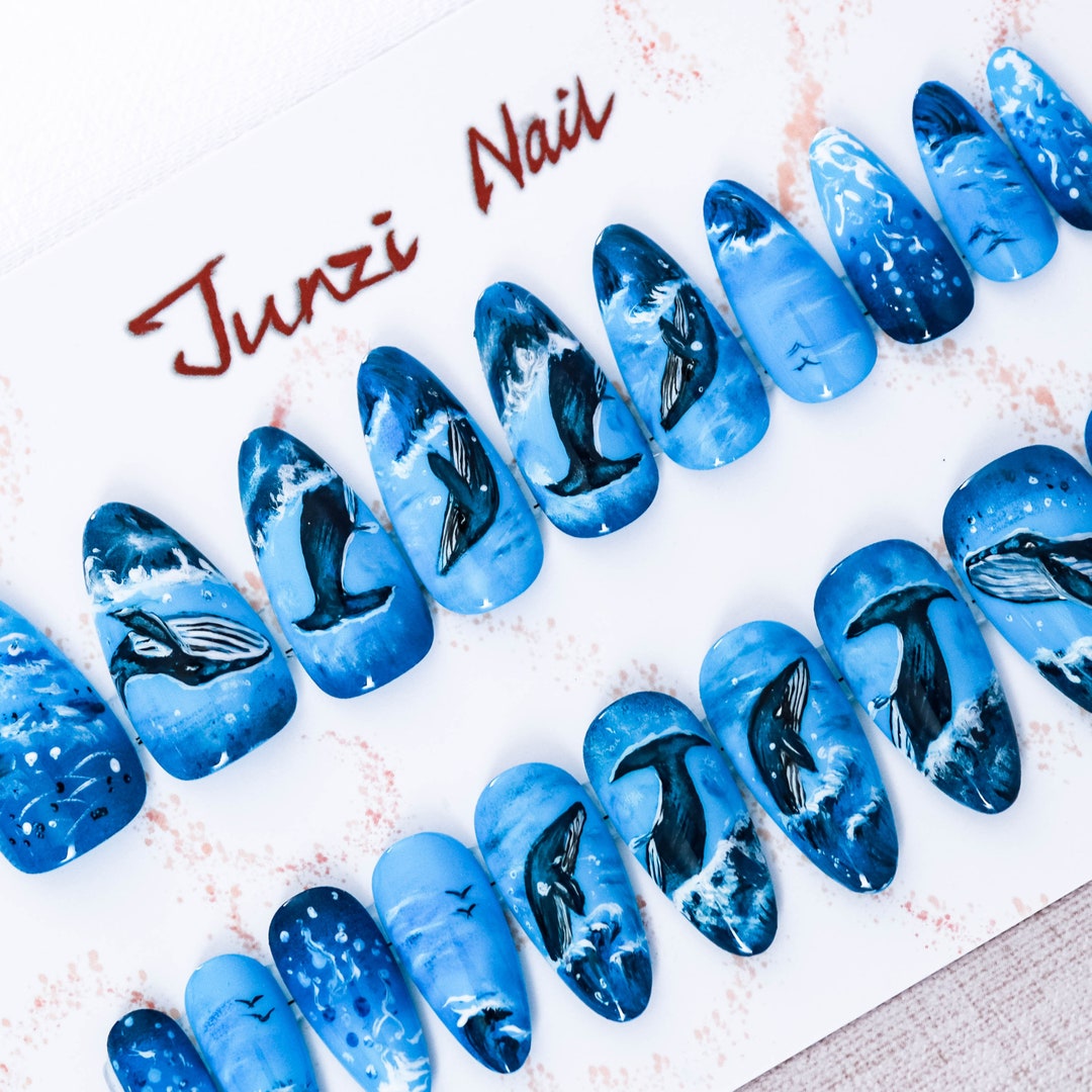 Handmade Nails, Whales Ocean Symphony Press on Nail, Medium Almond, 20 ...