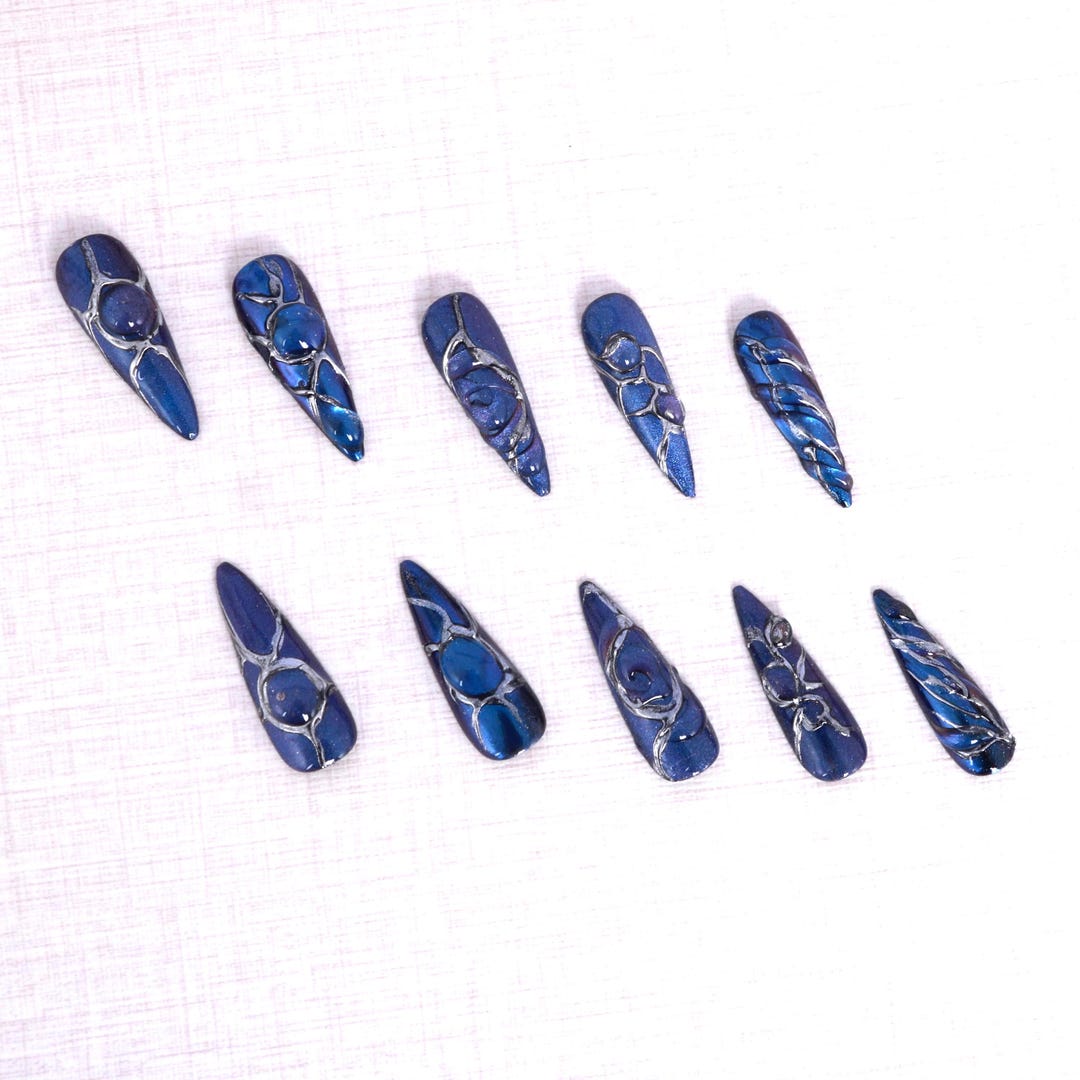 Handmade Nails, Lapis Veins Press on Nail, Long Stiletto, 20 Pieces ...
